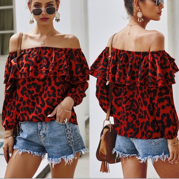 Tops | New Red Leopard Ruffle Off Shoulder Top | Poshmark